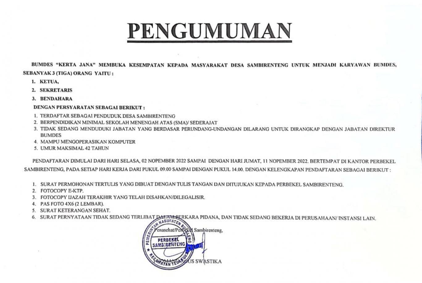 PENGUMUMAN REKRUTMEN KARYAWAN BUMDES - Website Desa Sambirenteng